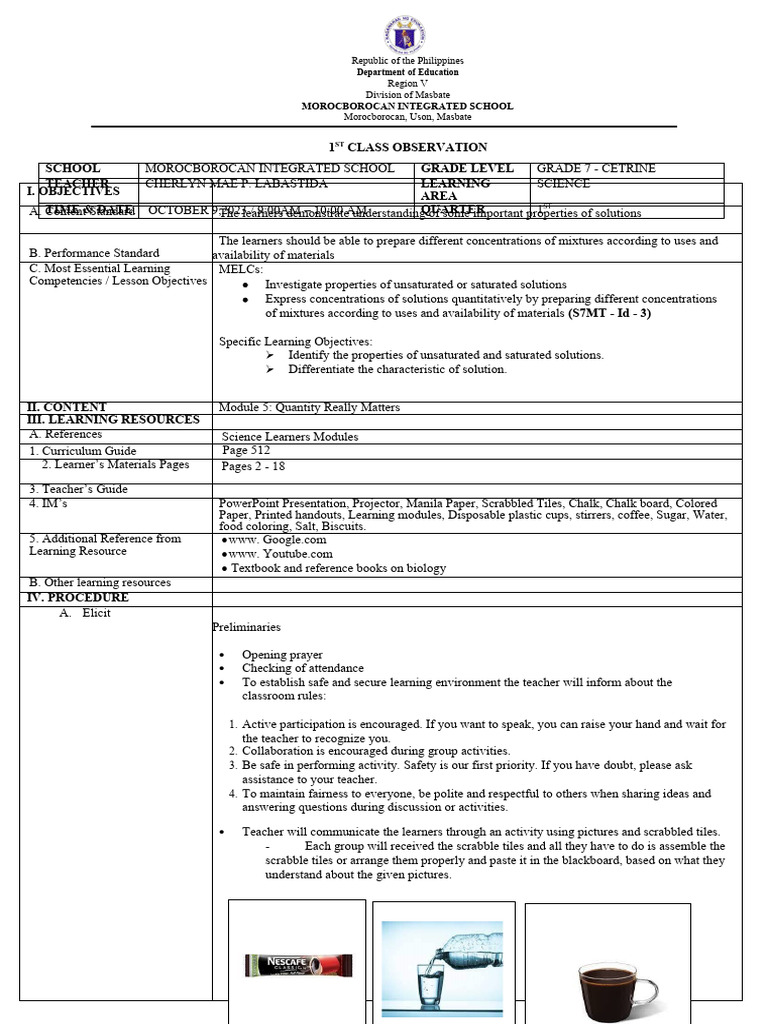 Lesson Plan Science 7 Pdf Teaspoon Concentration