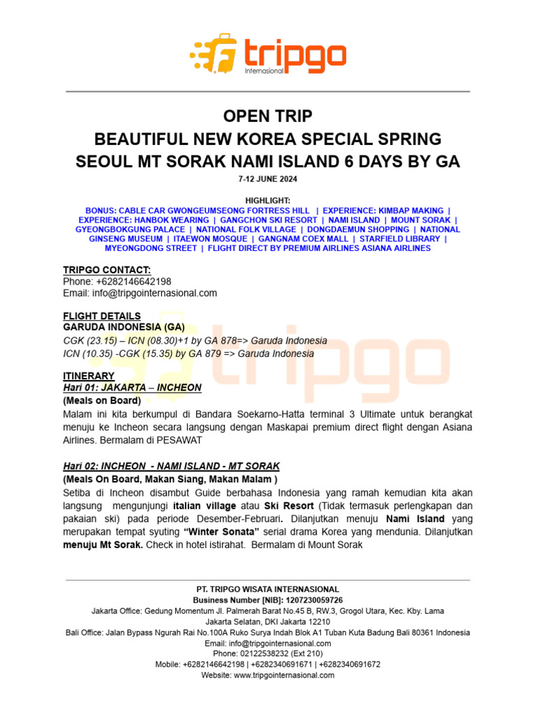 Open Trip Korea: 6 Hari di Seoul & Nami | PDF