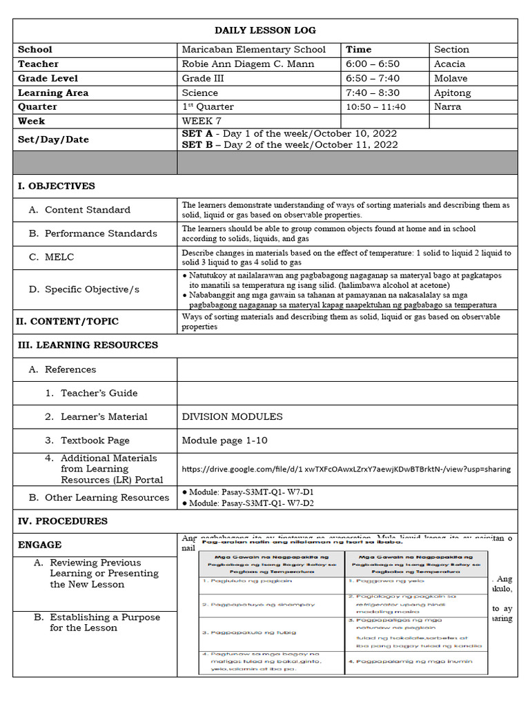 Daily-Lesson-Log - Science - Week7 - Monday and Tuesday | Download Free ...