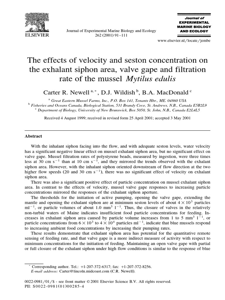The Effects of Velocity and Seston Concentration On The Exhalant Siphon ...