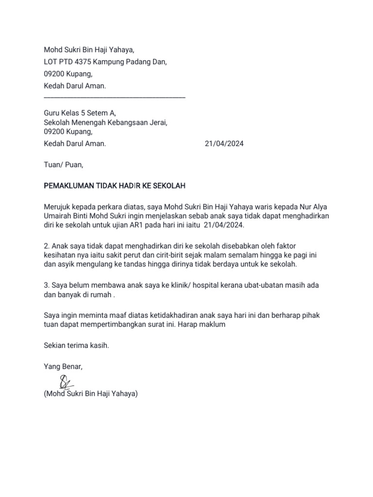 Surat Rasmi Tidak Hadir Ke Sekolah | PDF