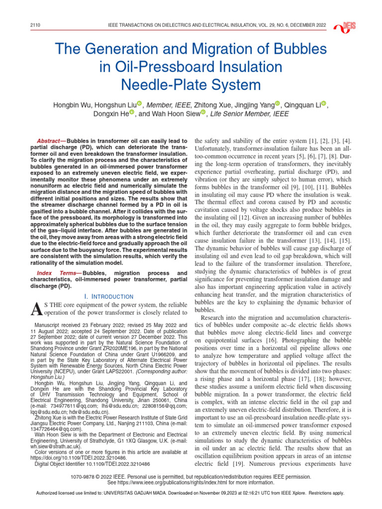 The Generation and Migration of Bubbles in Oil-Pressboard Insulation ...