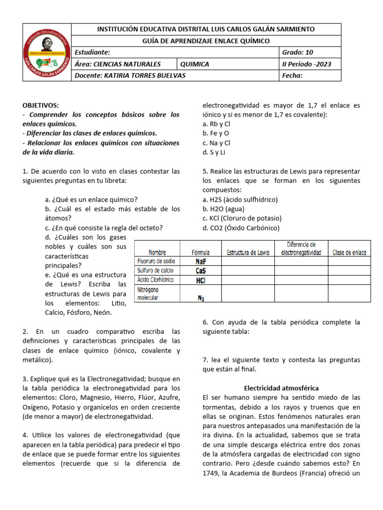 Guía de Aprendizaje: Enlace Químico | PDF | Relámpago | Enlace covalente