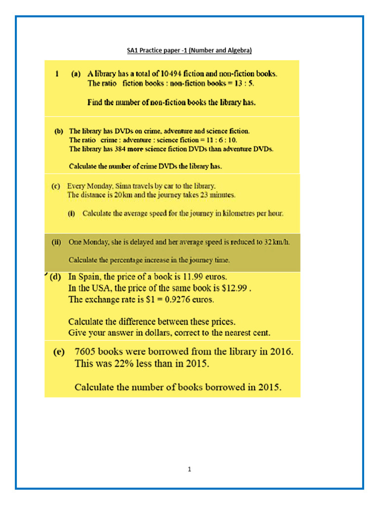 SA1 Number and Algebra Practice Paper | PDF | Technology & Engineering