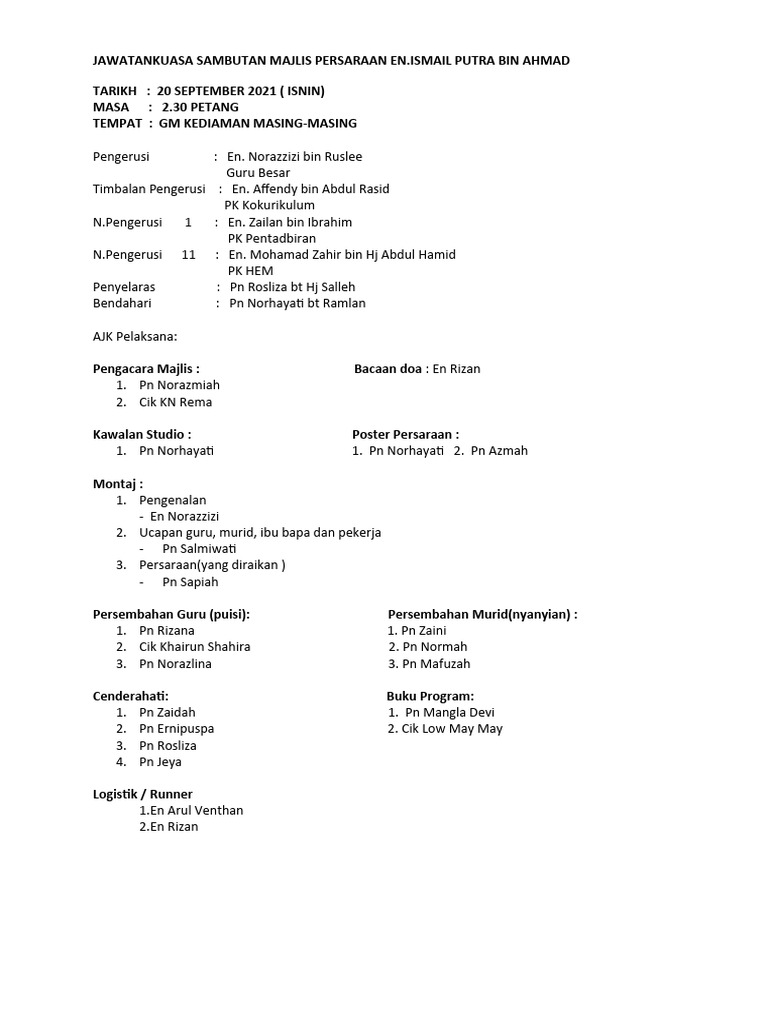 Flow Majlis Persaraan Cikgu Ismail | PDF