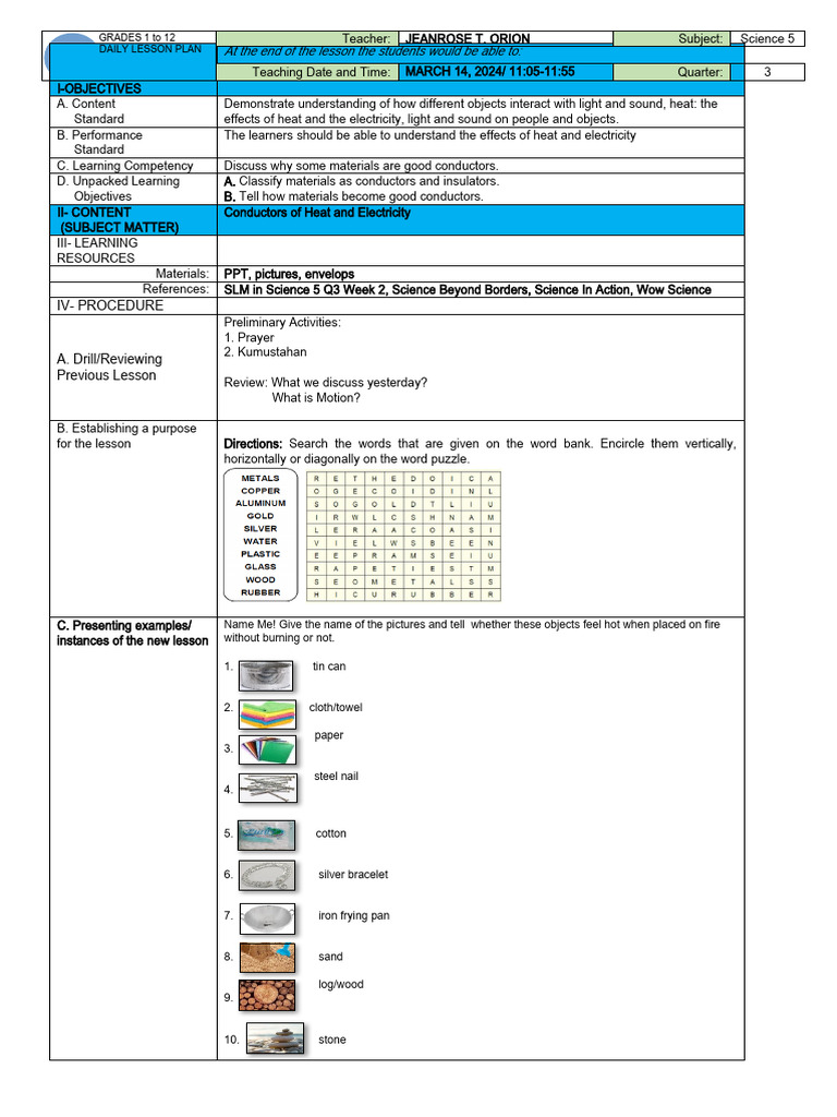 Science 5 q3 Week 2 Cot | PDF | Electrical Conductor | Insulator ...