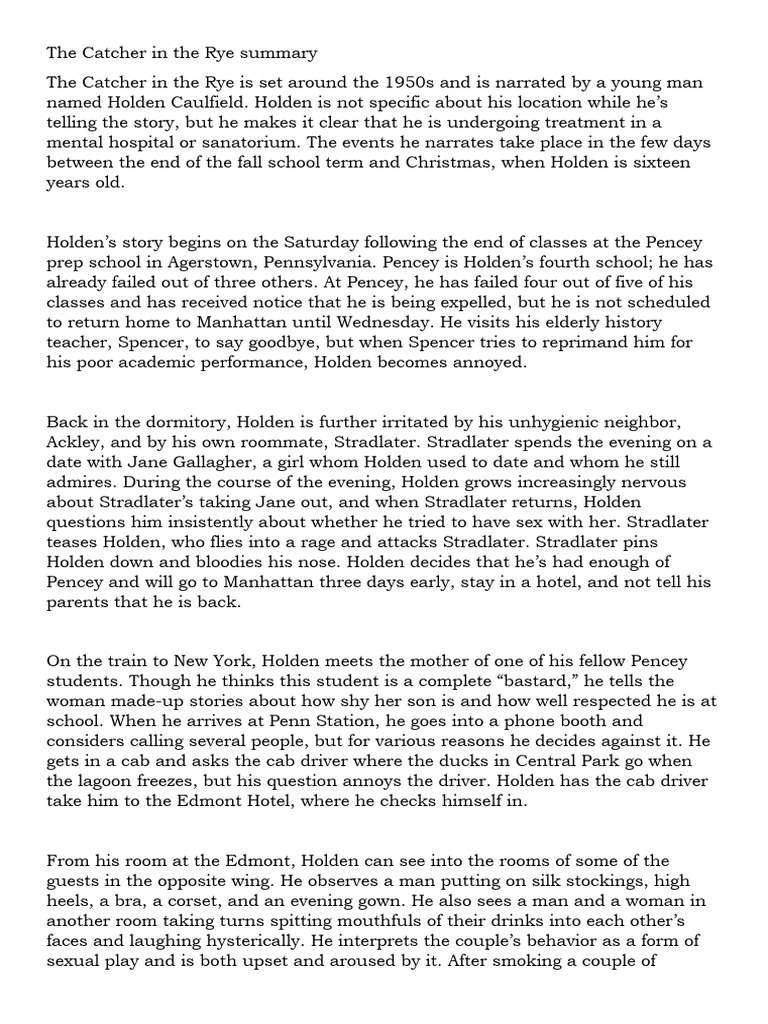 The Catcher in The Rye Summary | PDF