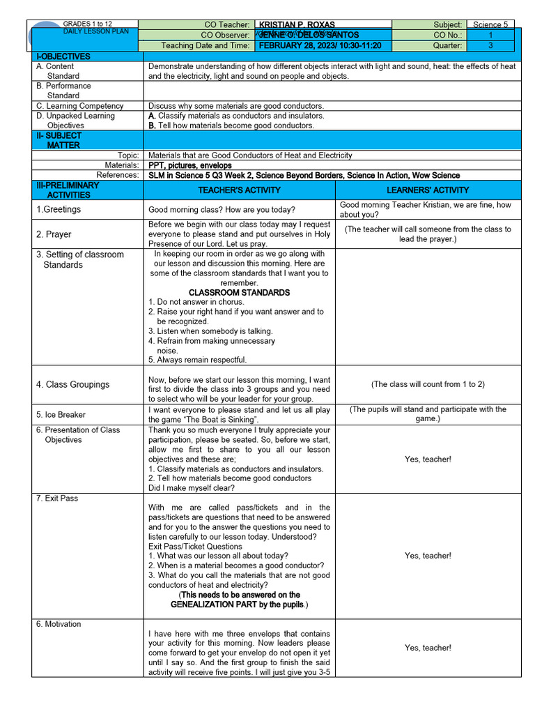 Detailed Lesson Plan in Science 5 Q3 Week 2 | PDF | Electrical ...