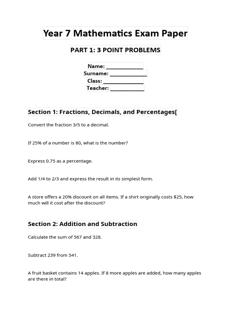 Year 7 Mathematics Exam Paper | PDF | Area | Triangle