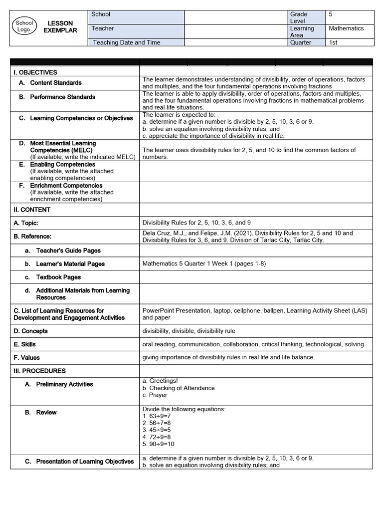 Mathematics 5 Q1 Week 1 Lesson Exemplar | PDF | Learning | Numbers