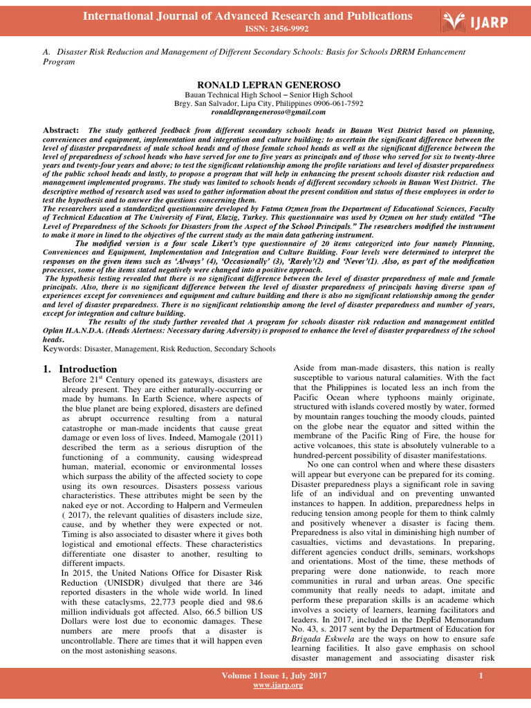 Disaster Risk Reduction and Management of Different Secondary Schools Basis For Schools DRRM ...
