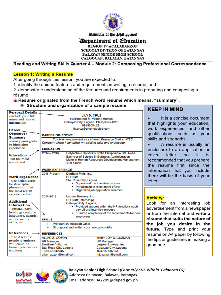 Reading-and-Writing-Skills-Quarter-4-Modules | PDF | Résumé | Memorandum Reading-and-Writing-Skills-Quarter-4-Modules | PDF | Résumé | Memorandum