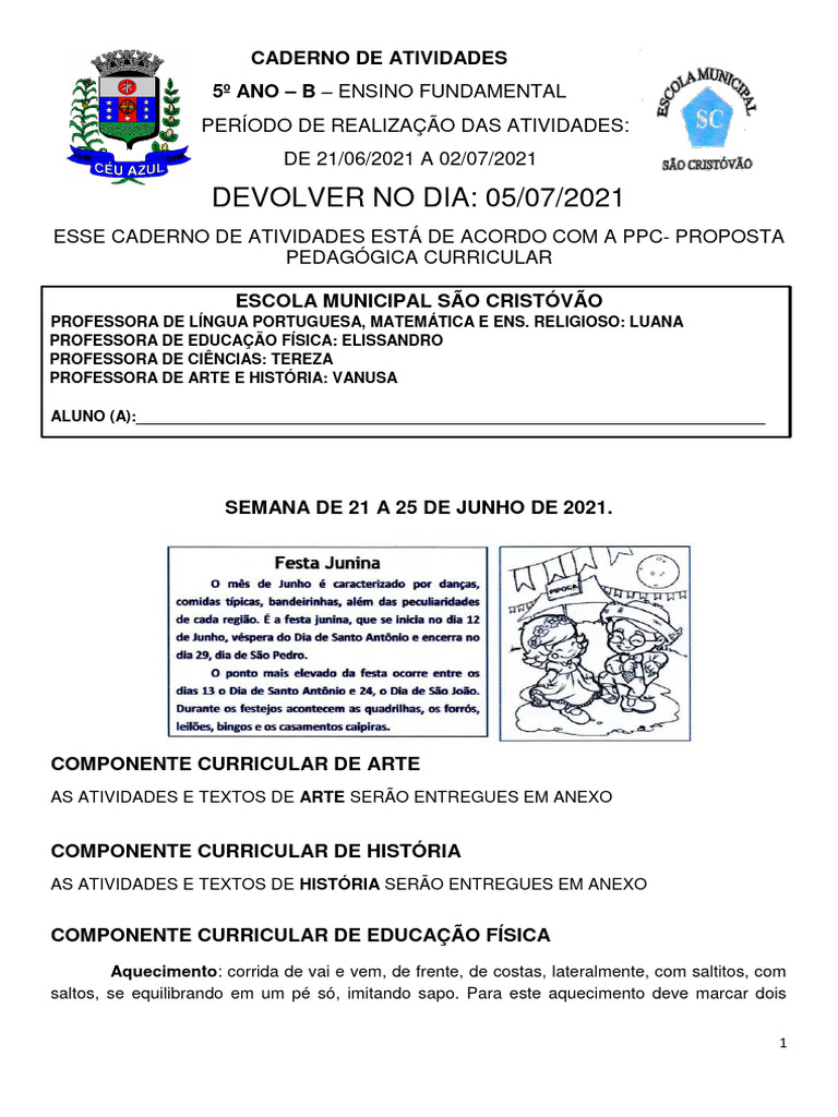Atividades 5º Ano B - Período de Realização 21-06-2021 A 02-07-2021 ...