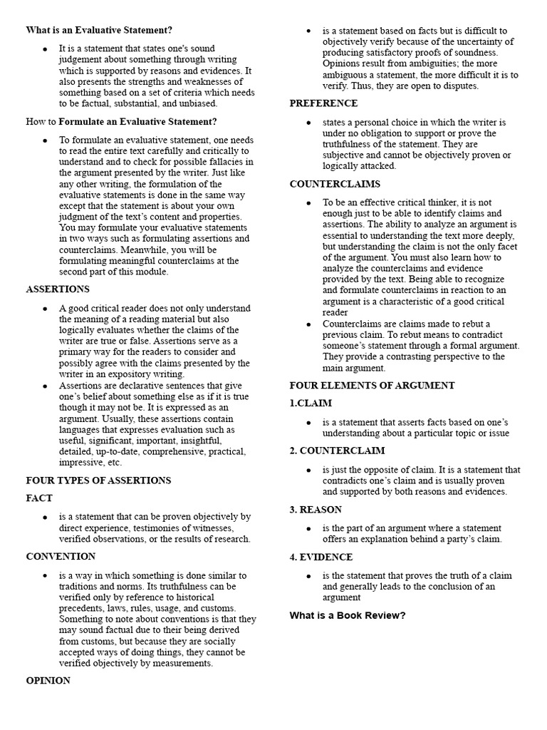 Evaluating Assertions in Writing | PDF | Argument | Reason
