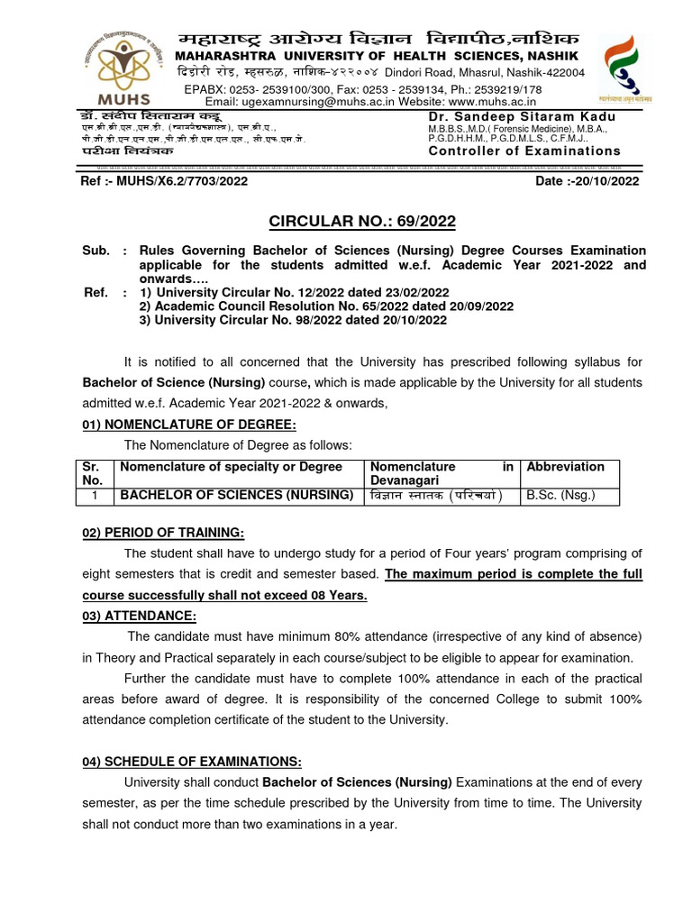 NURSING SEMESTER CIRCULAR No 69 - 211022 | PDF | Nursing | Bachelor's ...