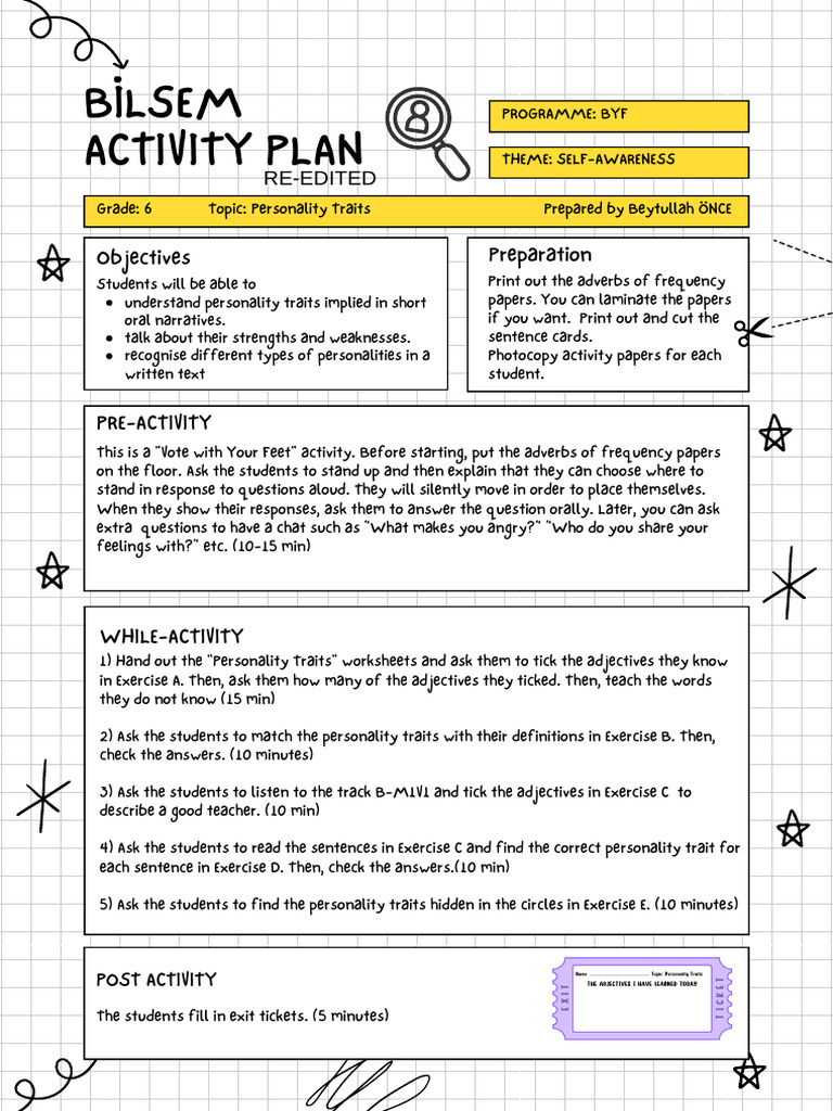 BYF Personality Traits Lesson Plan 1 Revised 2023 | PDF | Teachers | Adverb
