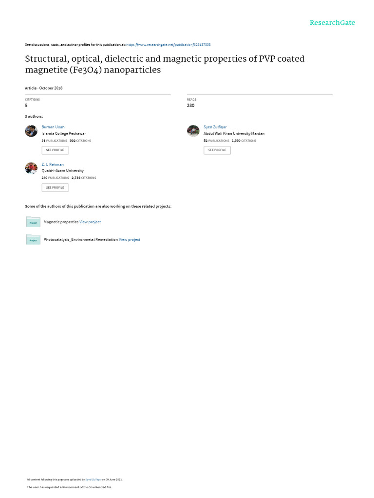 Structural, Optical, Dielectric and Magnetic Properties of PVP Coated Magnetite (Fe3O4 ...