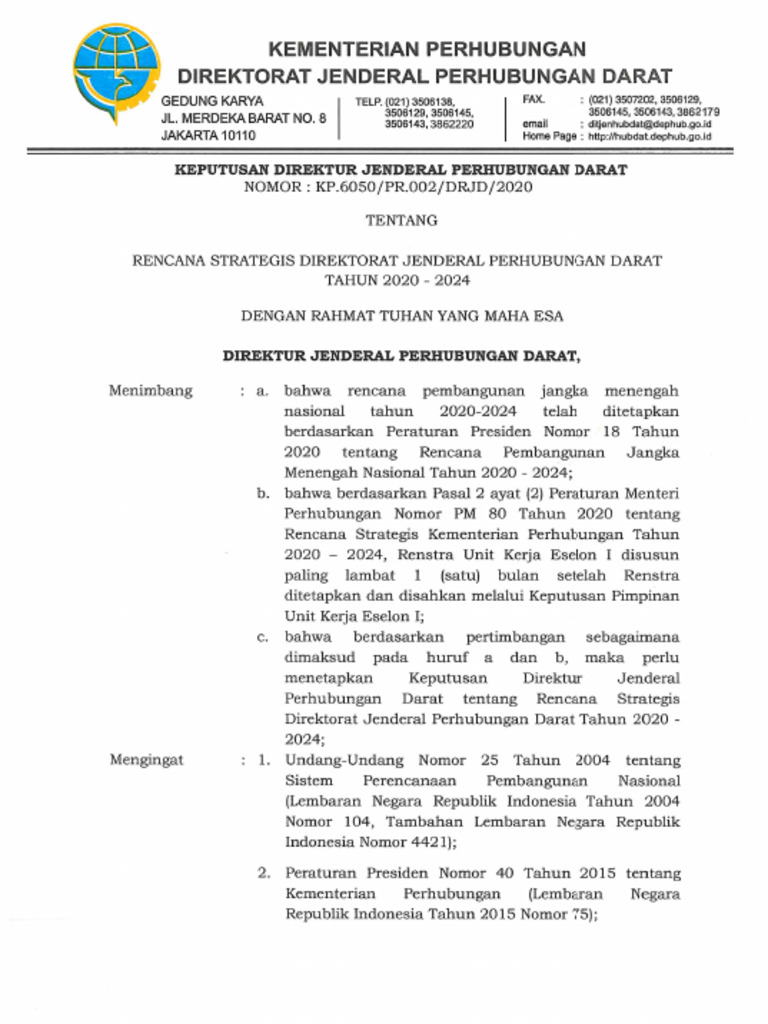 SK Renstra Ditjen Hubdat 2020 - 2024 | PDF