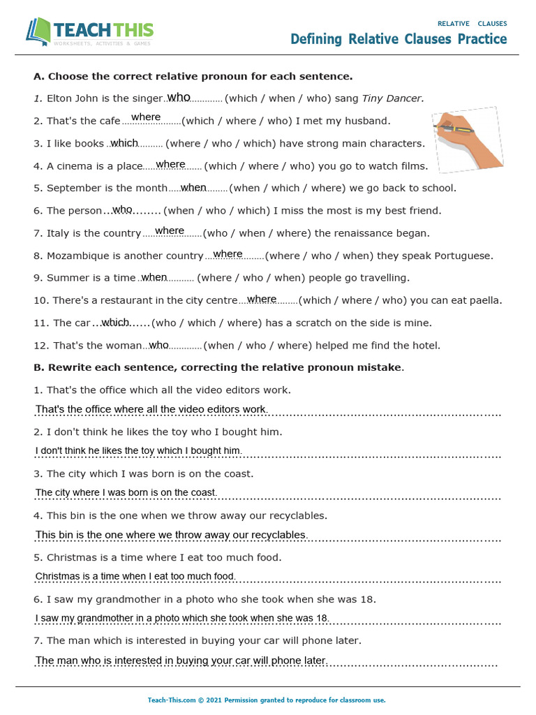 Defining Relative Clauses Worksheets | PDF | Linguistic Typology | Grammar