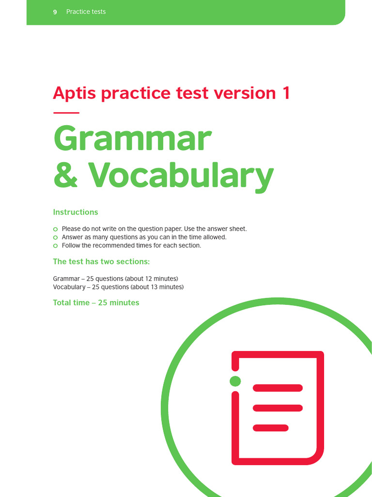 Grammar and Vocabulary - Aptis - Test 1 | PDF