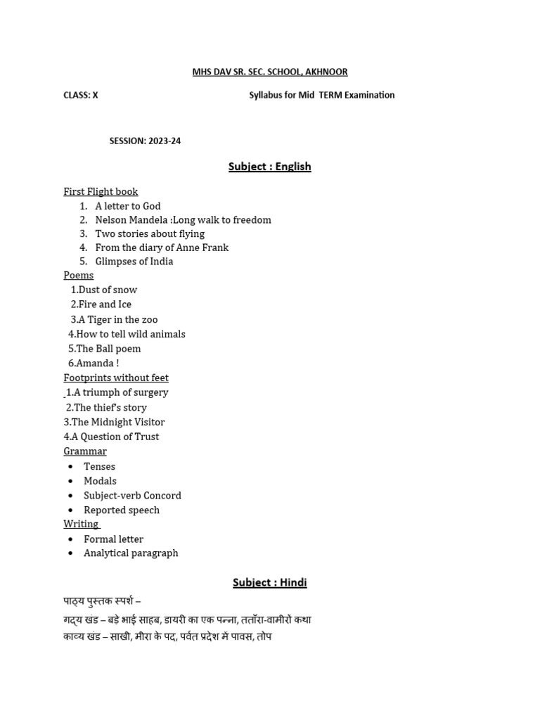 Class 10 Mid Term Syllabus 2023-24 | PDF | Equations