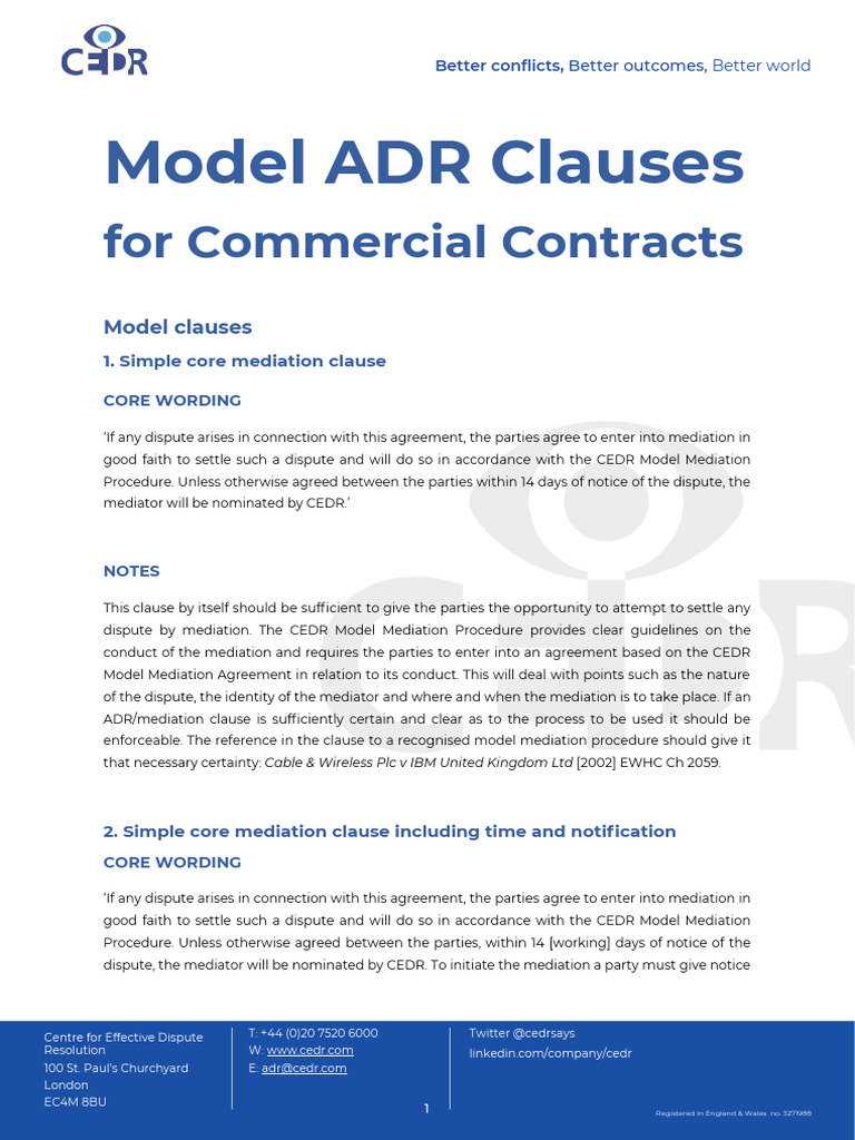 Model ADR Clauses for Contracts | PDF | Mediation | Arbitration