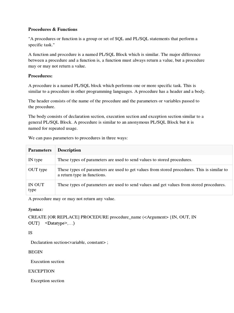 SQL Procedures & Functions Guide | PDF | Pl/Sql | Parameter (Computer Programming)