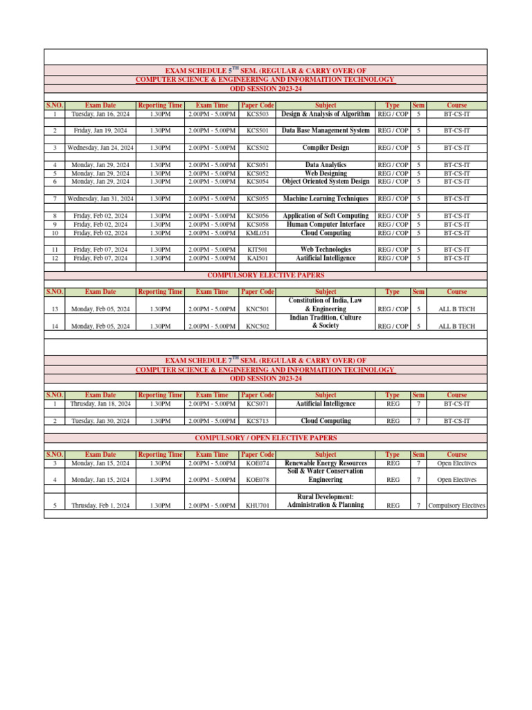 Exam Schedule Sem Odd 2023-24 3yr - 4yr | PDF | Computing | Computer Science
