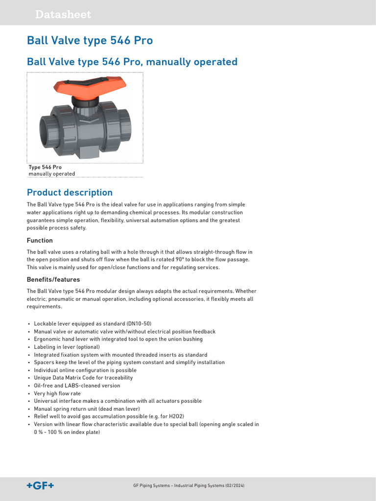 gfps-datasheet-546-pro-ball-valve-en | PDF | Valve | Mechanical Engineering