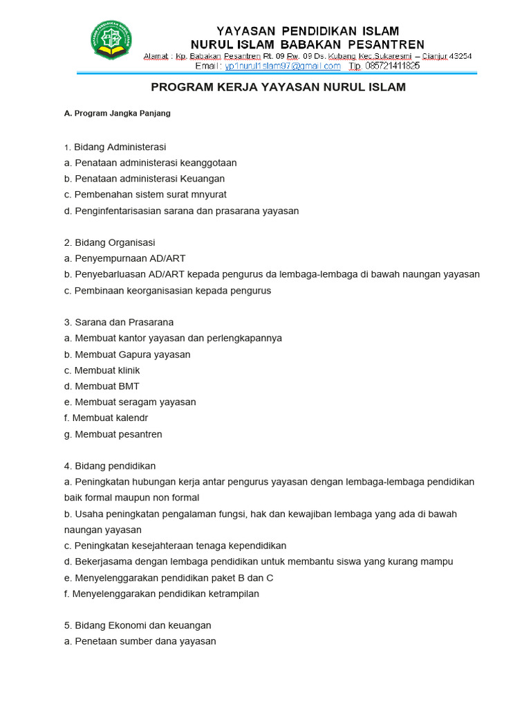 Program Kerja Yayasan Nurul Islam | PDF