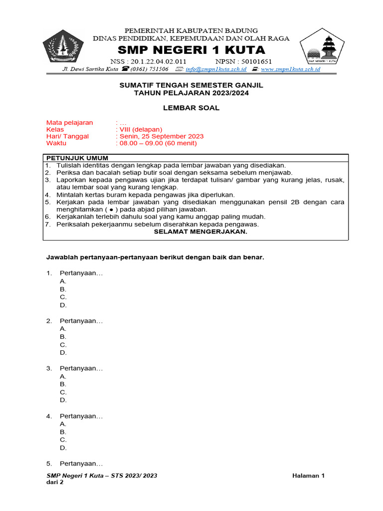 Format Penulisan Soal STS Kumer | PDF