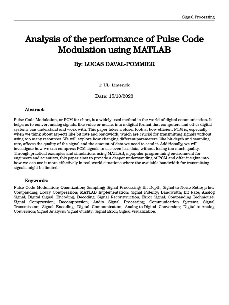 Analysis of The Performance of Pulse Code Modulation Using MATLAB | PDF | Bit Rate | Data ...