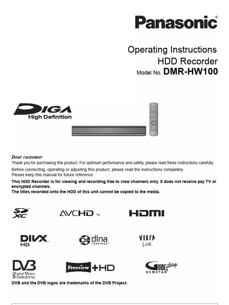 Panasonic DMR-HW100 User Manual (English - 104 Pages) | PDF