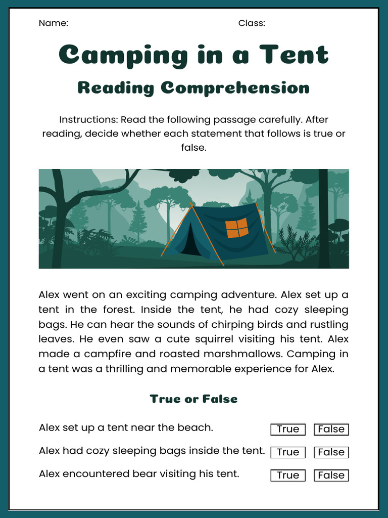 Camping in A Tent Reading Comprehension English Worksheet | PDF