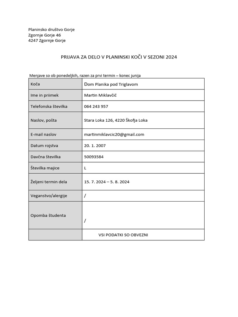 Prijava Za Delo Študenta Za Delo | PDF