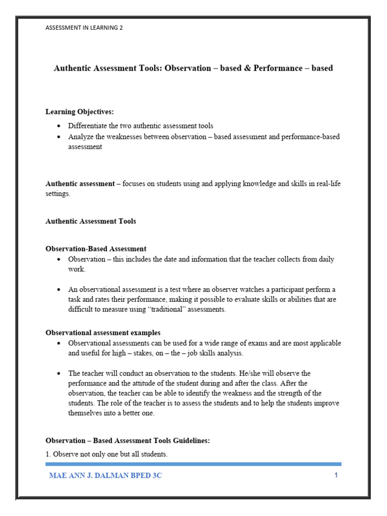 Dalman - Authentic Assessment Tools Observation Based and Performance ...