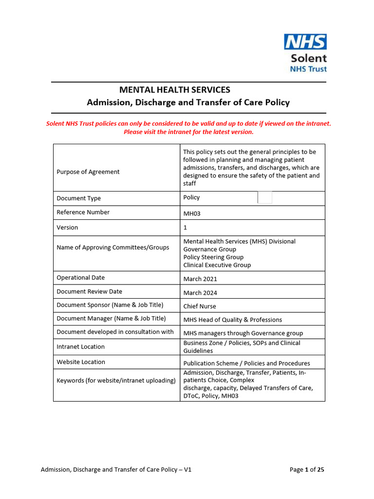 mh03 Admission Transfer and Discharge Policy v1 | PDF | Patient | Hospital