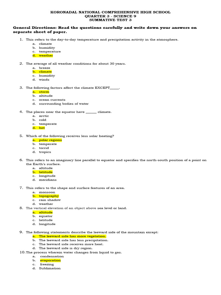 Science 9 Summative Test: Weather & Climate | PDF | Precipitation | Weather