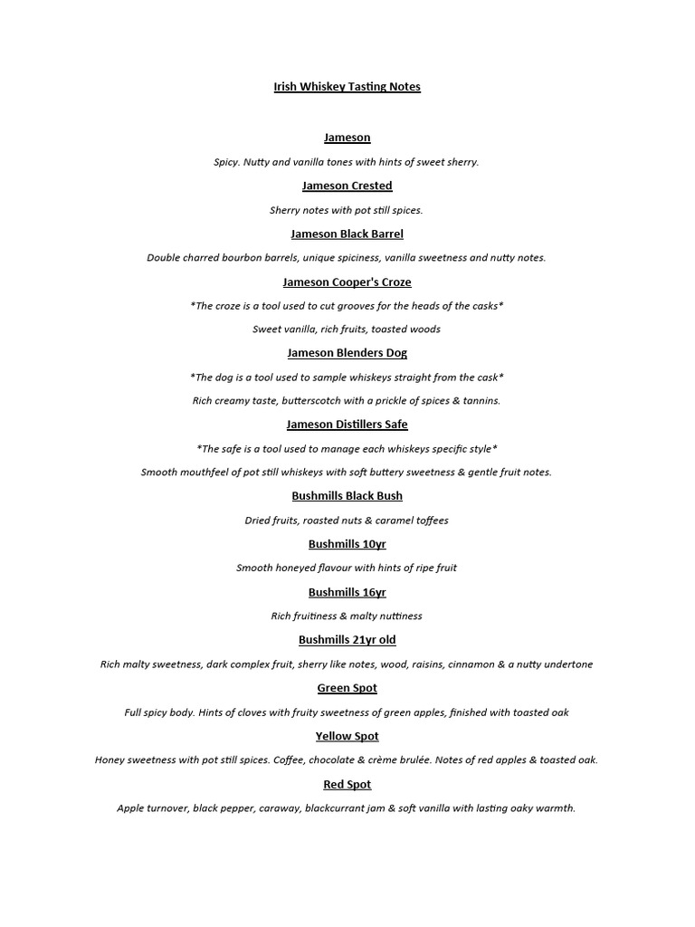 Irish Whiskey Tasting Notes | Download Free PDF | Whisky | Barrel