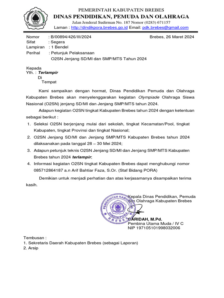 Surat JUKNIS O2SN Kabupaten 2024 | PDF | Olahraga & Rekreasi