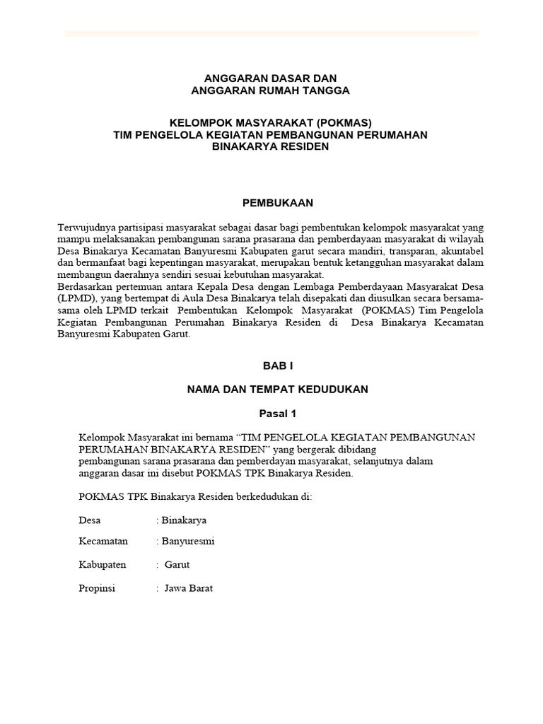AD/ART POKMAS Binakarya Residen | PDF