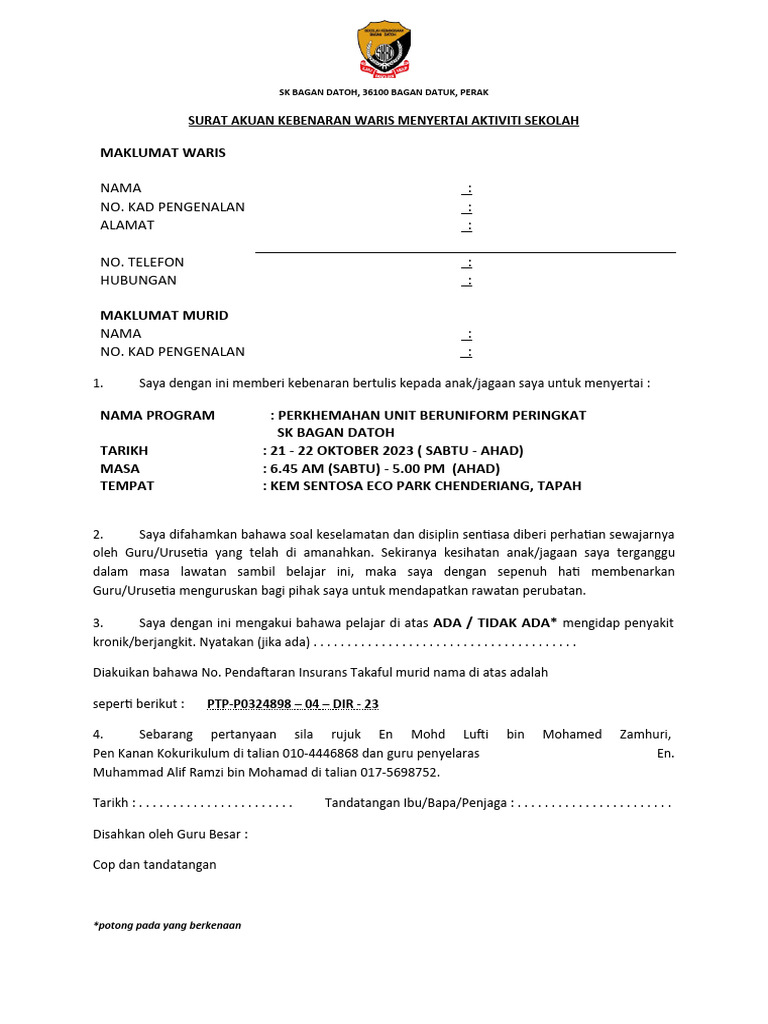 Surat Kebenaran Perkhemahan SKBD | PDF