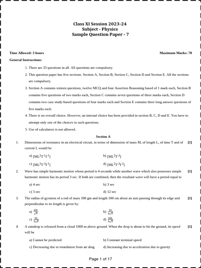 Class XI Session 2023-24 Subject - Physics Sample Question Paper - 7 | PDF | Gases | Potential ...