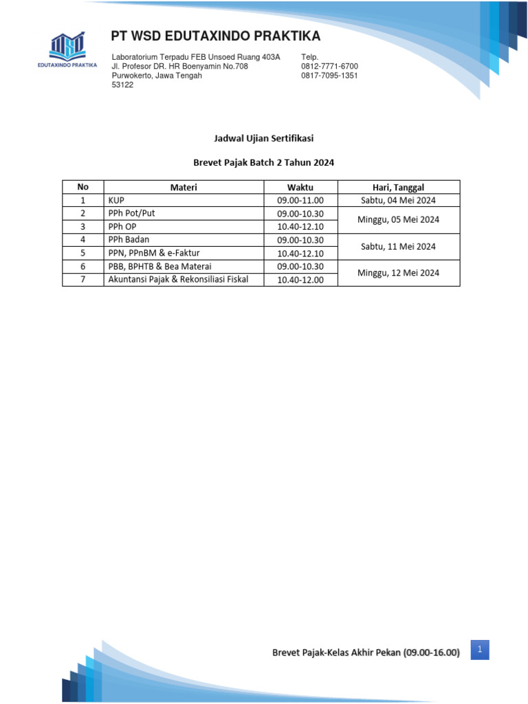 Jadwal Uji Sertifikasi Brevet Pajak Batch 2 | PDF