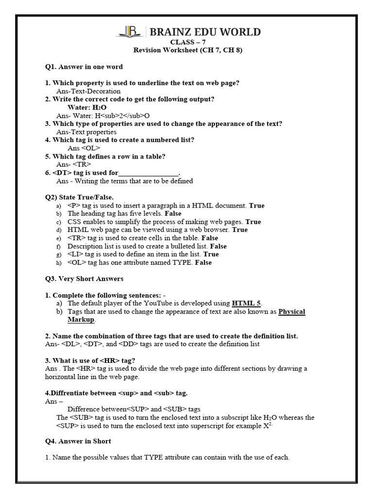 Revision Worksheet CH 7,8 | PDF | Html Element | Html