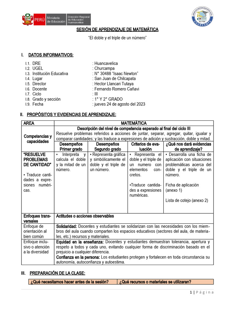 SESION DE APRENDIZAJE El Doble y El Triple | PDF | Aprendizaje | Enseñando