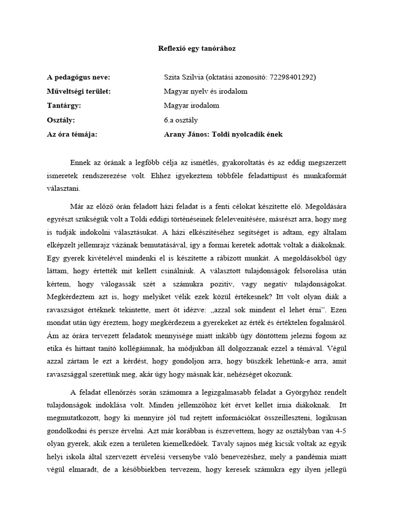 Reflexió-Óraterv 6.a | PDF