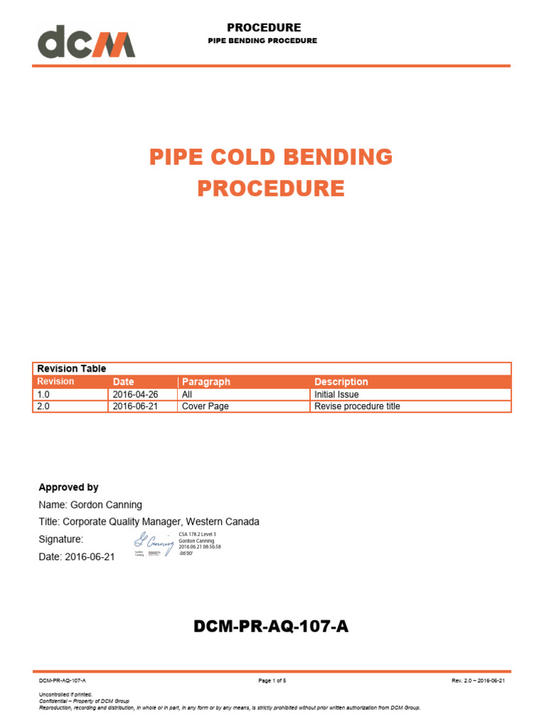DCM-PR-AQ-107-A Pipe Cold Bending Procedure | Download Free PDF | Pipe (Fluid Conveyance) | Steel