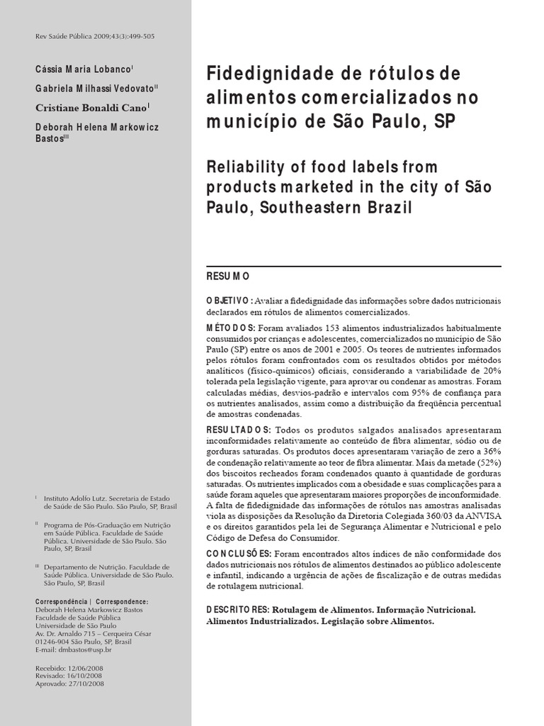 Fidedignidade de Rótulos Alimentares em SP | PDF | Alimentos | Brasil