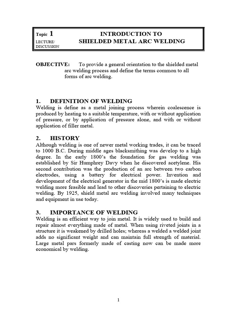 Topic 1INTRODUCTION TO SHIELDED METAL ARC WELCING | PDF | Welding ...